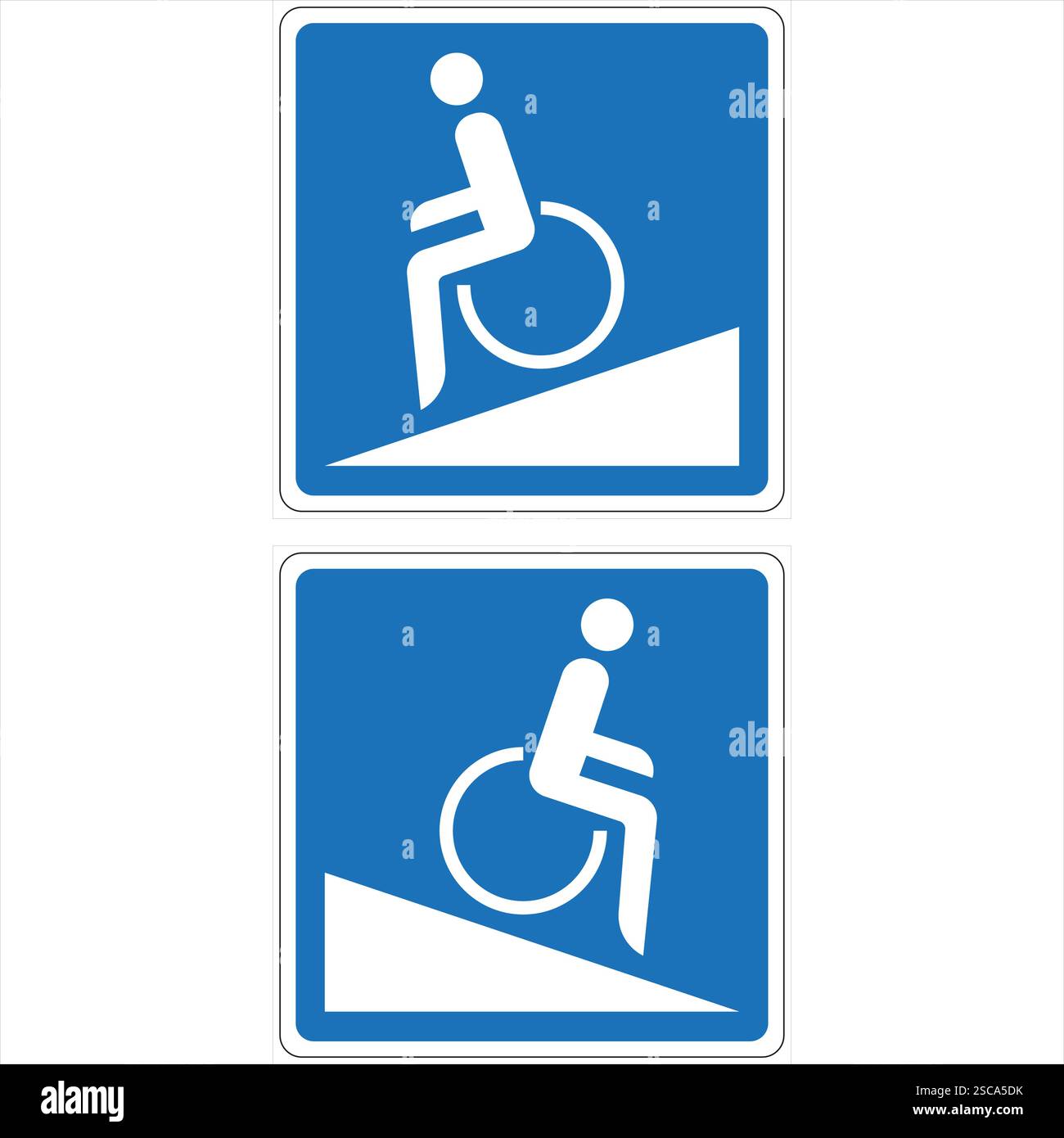 Two blue and white square accessibility signs featuring the international symbol of access (isa ...