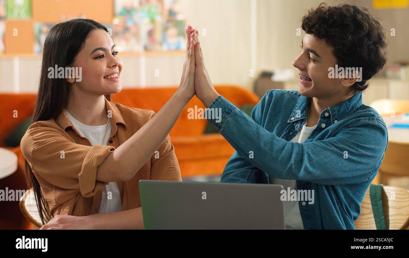 Two Caucasian students pupils school mates girl woman female guy male ...