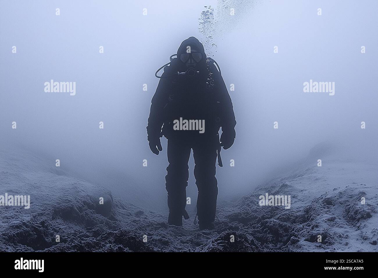 A diver navigates through a deep underwater trench shrouded in mist ...
