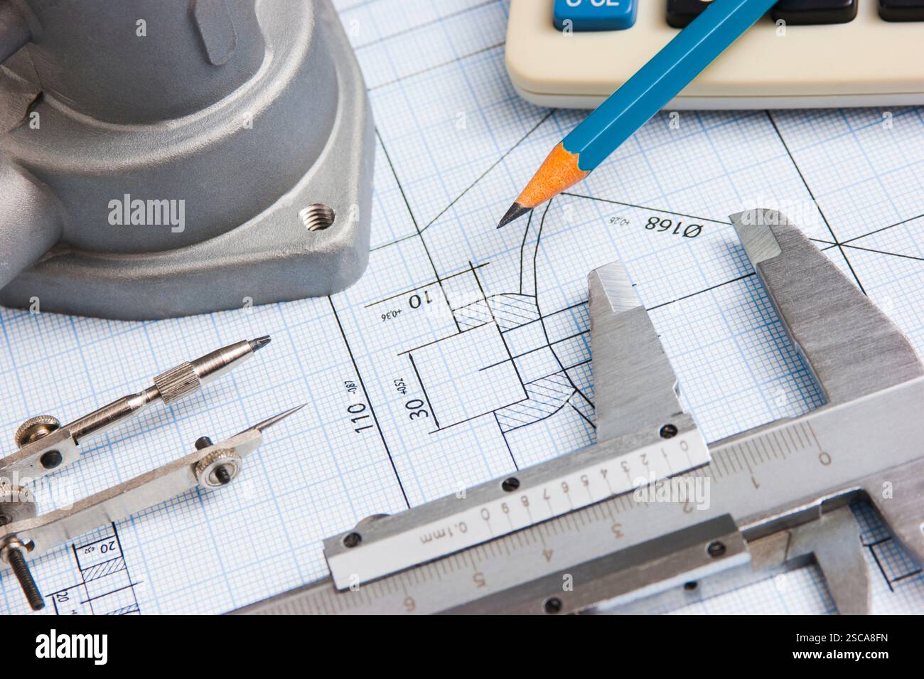 drawings of mechanisms with parts and tools Stock Photo - Alamy