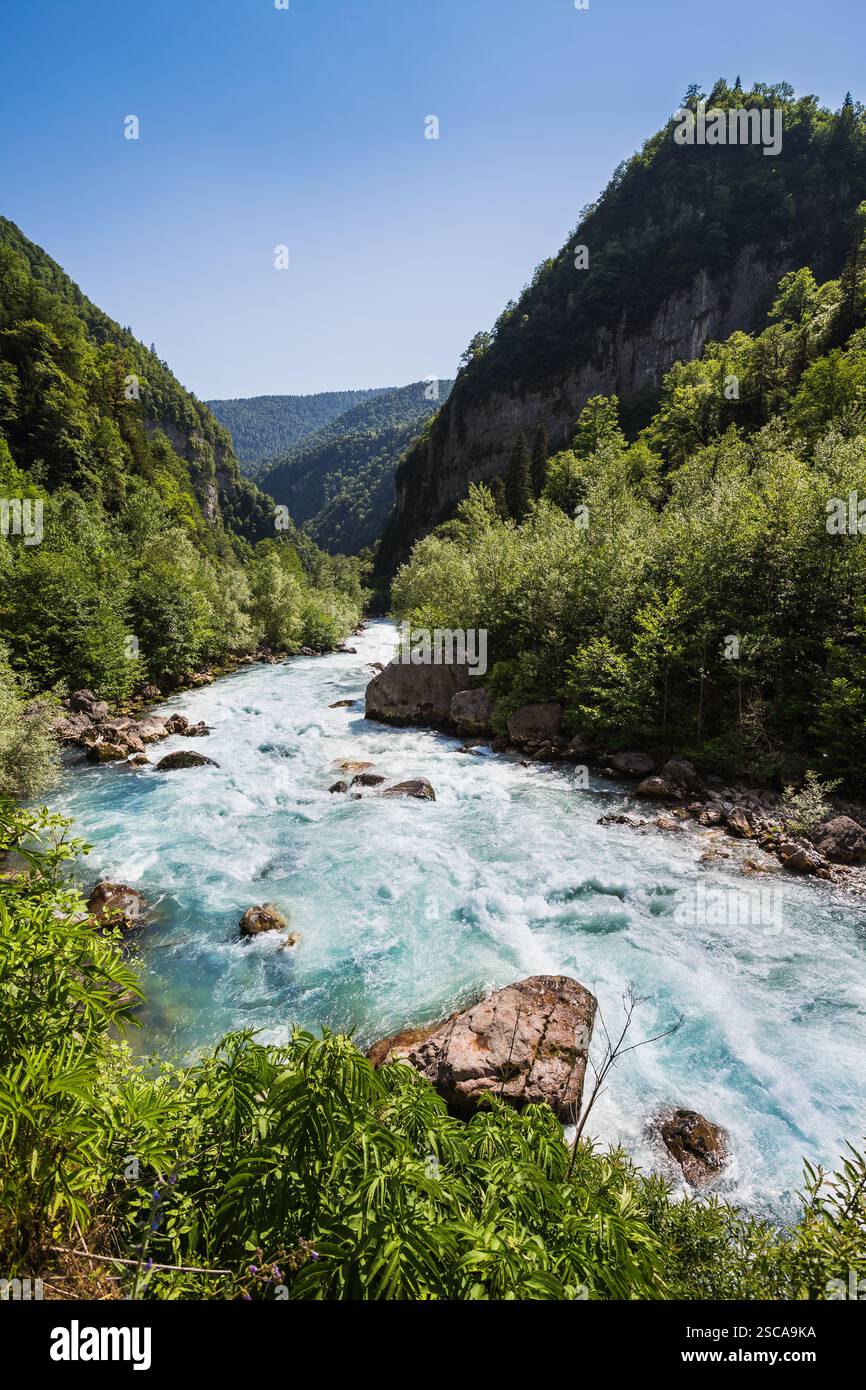Landscape in Abkhazia with the Caucasian ridge and river Stock Photo ...