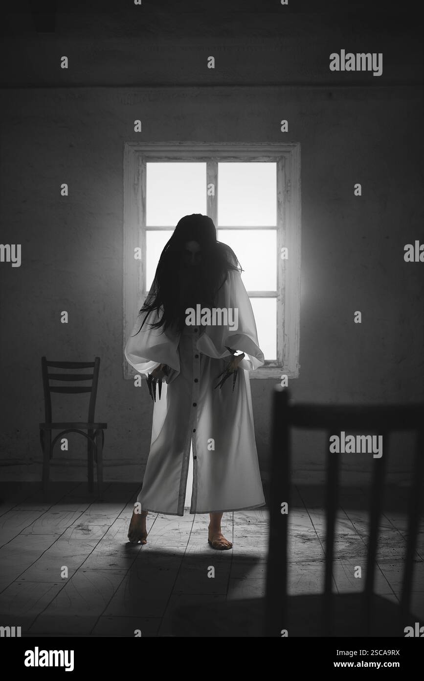 Inner anger. Supernatural witch,terrifying woman in long white gown and ...