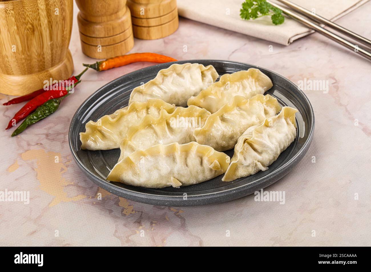 Japanese steamed Gyoza - traditional stuffed dumplings Stock Photo - Alamy