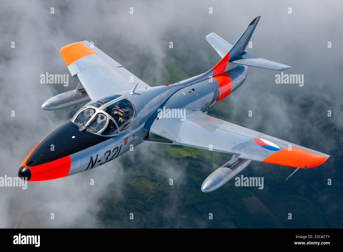 A Hawker Hunter aircraft in flight, captured during an air-to-air photo ...