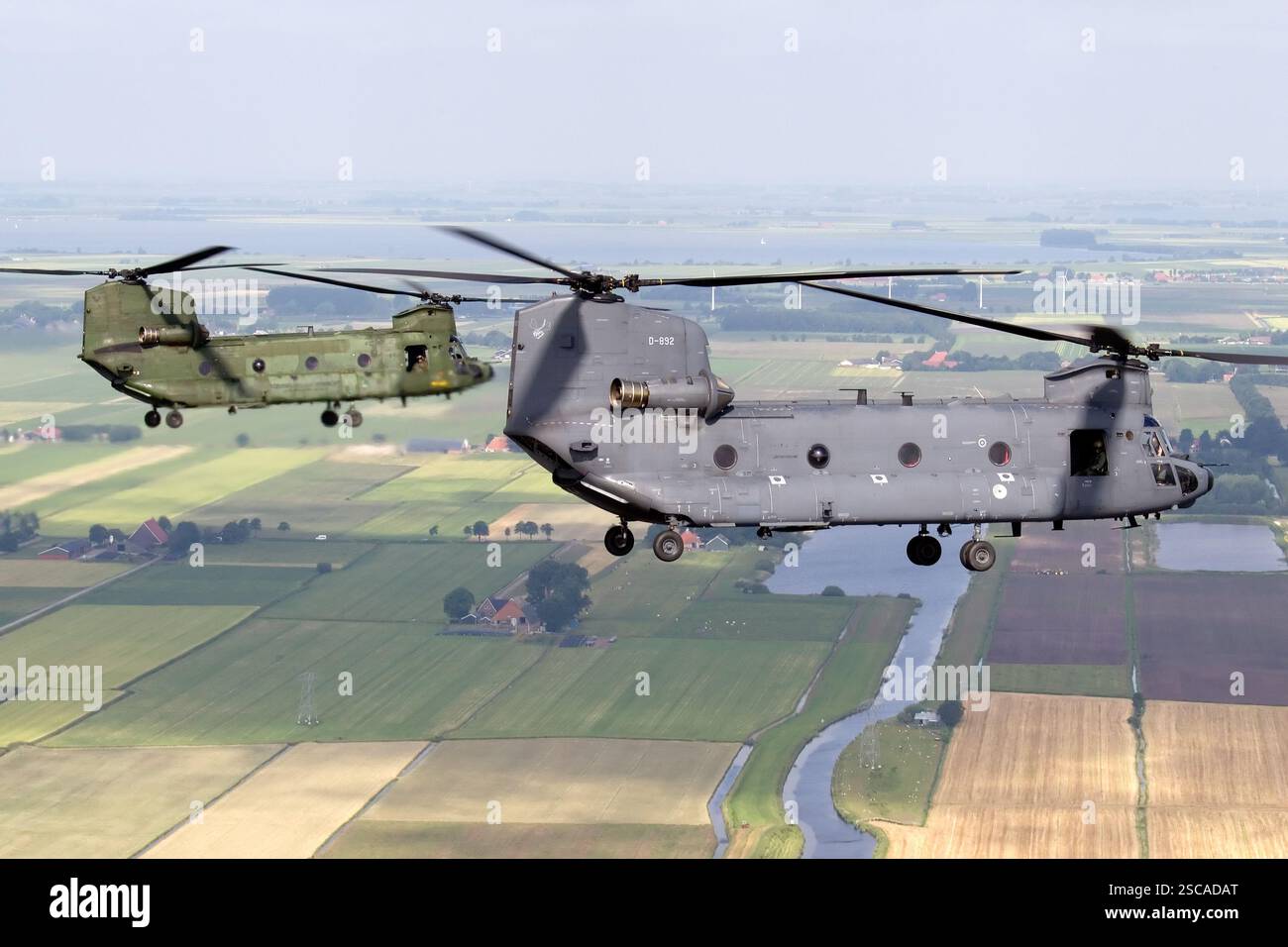 Royal Netherlands Air Force Boeing CH-47 Chinook performing a low-level pass during an air-to ...
