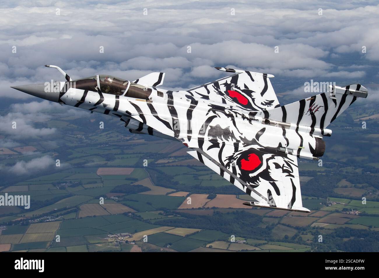 A close-up shot of a French Navy Dassault Rafale in flight, captured ...