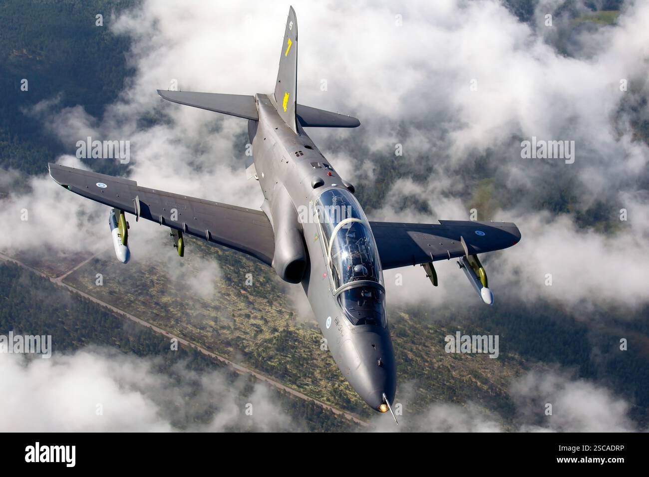 A Finnish Air Force Hawk jet performing aerobatic maneuvers during an ...