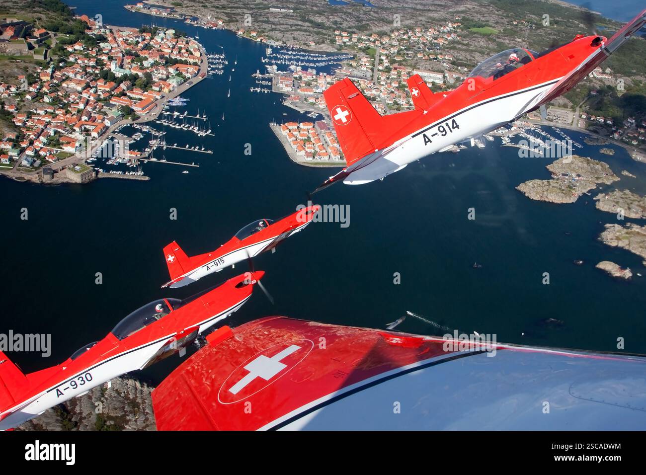 Swiss Air Force PC-7 Team performing a formation flight during an air ...