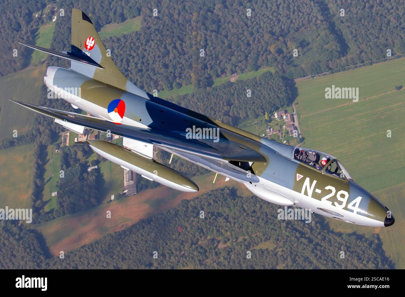 A British Hawker Hunter fighter jet in flight, captured during an air ...
