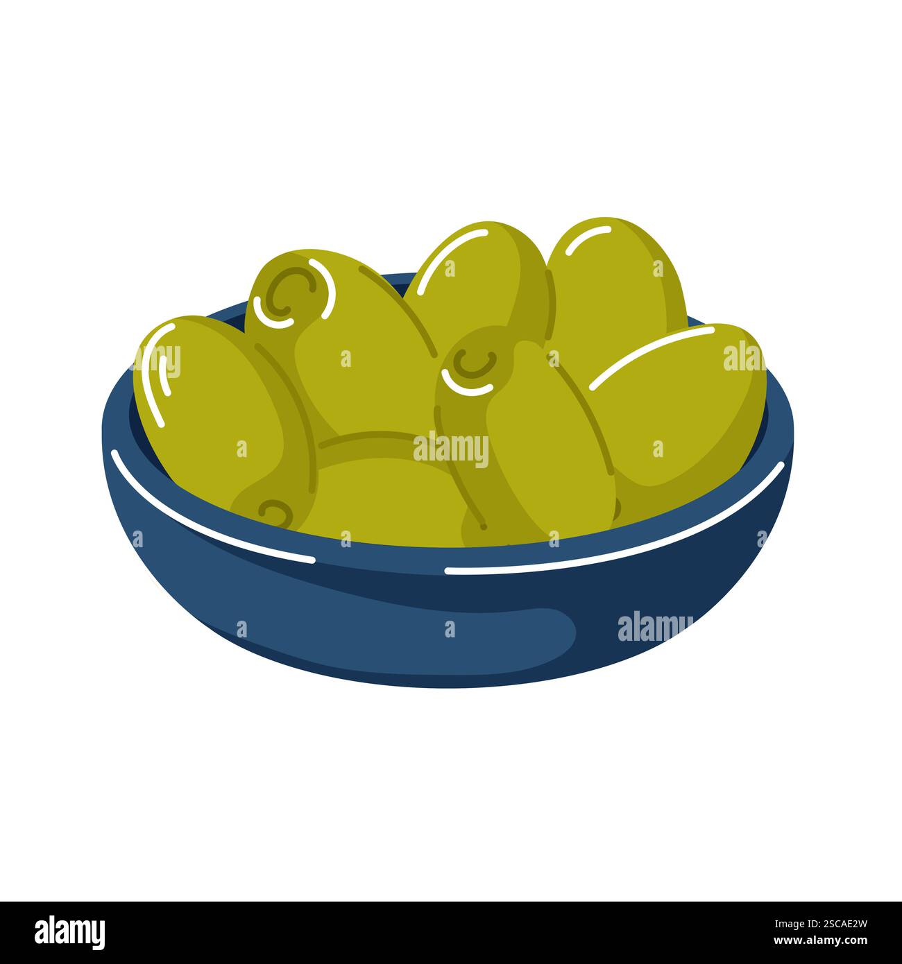 Green olives in a blue bowl in cartoon style. Vector illustration ...