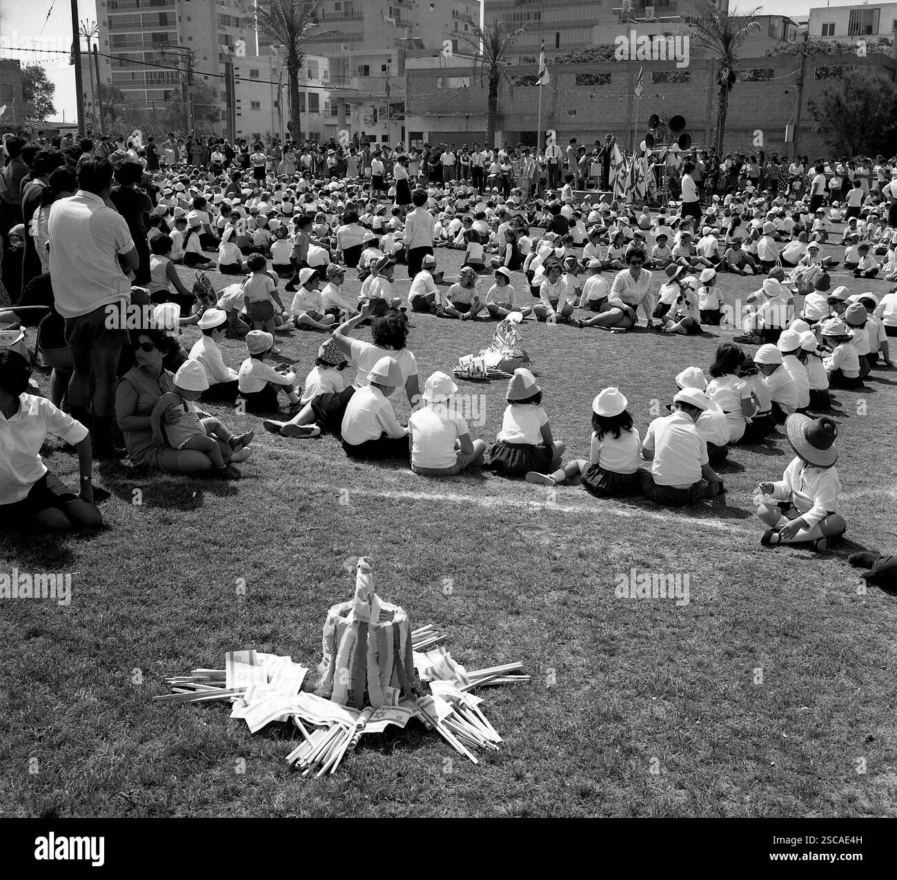 Children's festival in Bat Yam, Israel 1968. Children wearing sun hats ...