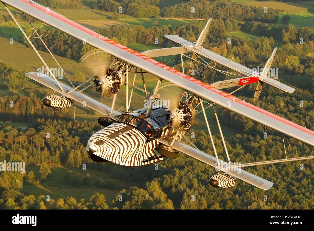 Sikorsky S-38 amphibious biplane flying during an air-to-air photo ...