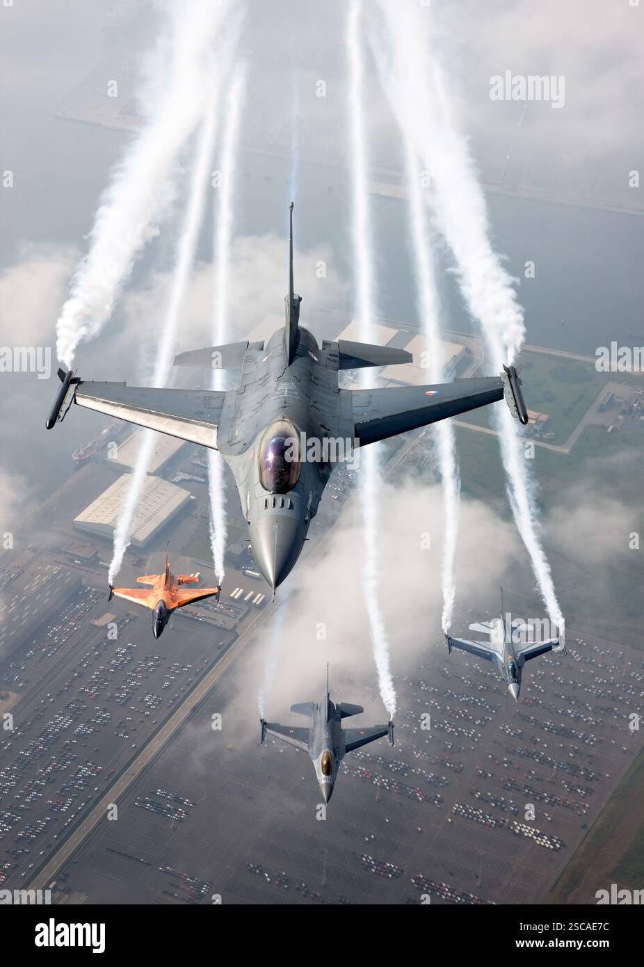 4-ship formation of the Dutch and Belgian F-16 demo teams performing ...