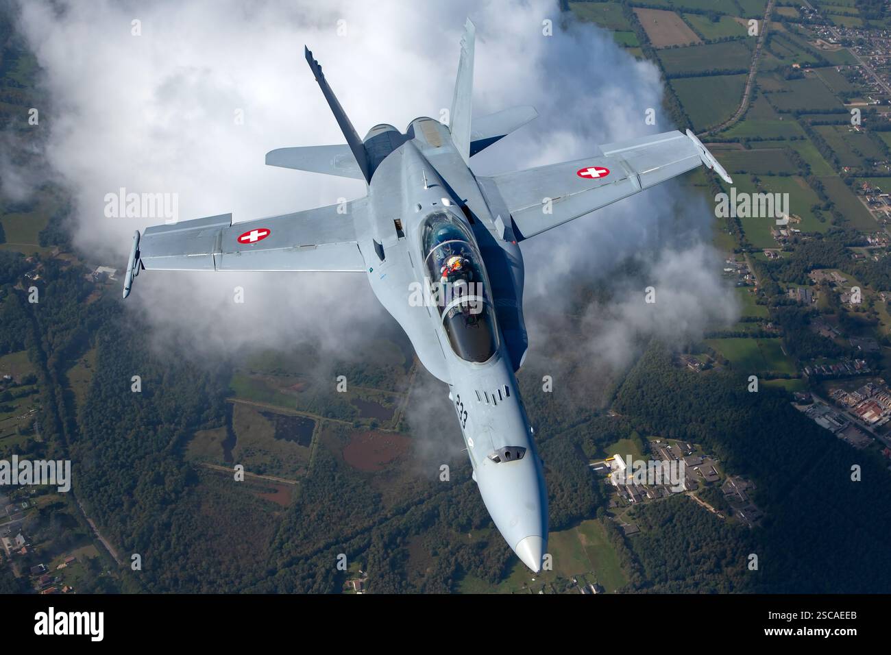 A Swiss Air Force F/A-18 B Hornet flying in formation during an air-to ...