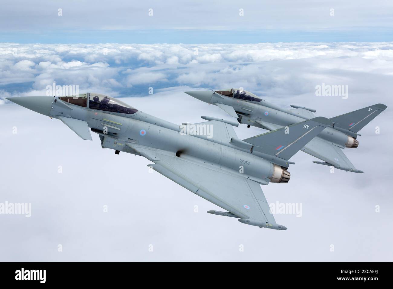 Royal Air Force Eurofighter Typhoon performing high-speed maneuvers. Powered by two Eurojet ...