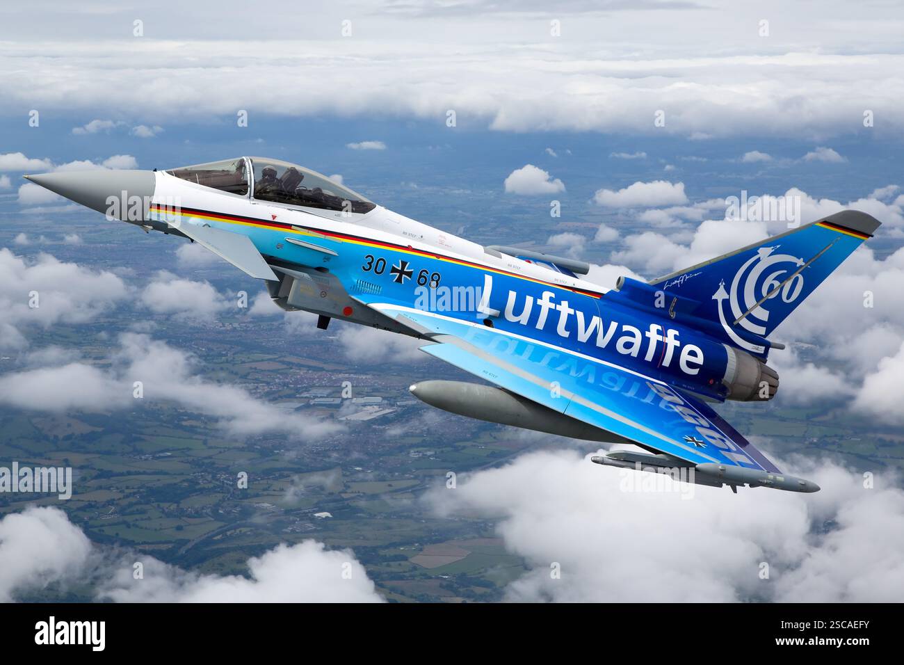 German Air Force Eurofighter Typhoon in flight. Powered by two Eurojet EJ200 engines, the ...