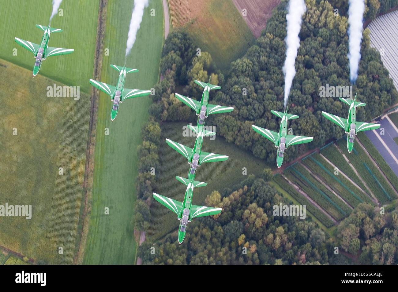 The Saudi Hawks aerobatic team, flying the BAE Systems Hawk, performs ...