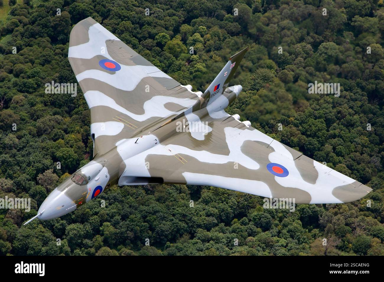 A Royal Air Force Avro Vulcan bomber captured in flight during an air ...