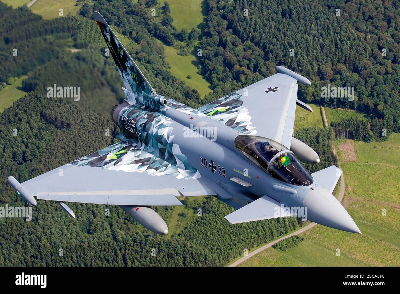 German Air Force Eurofighter Typhoon in flight during an air-to-air photo shoot. The Typhoon is ...