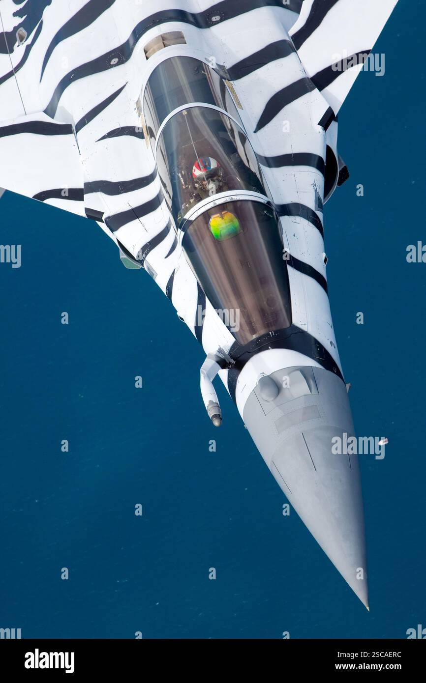 A close-up view of a French Air Force Dassault Rafale in flight ...