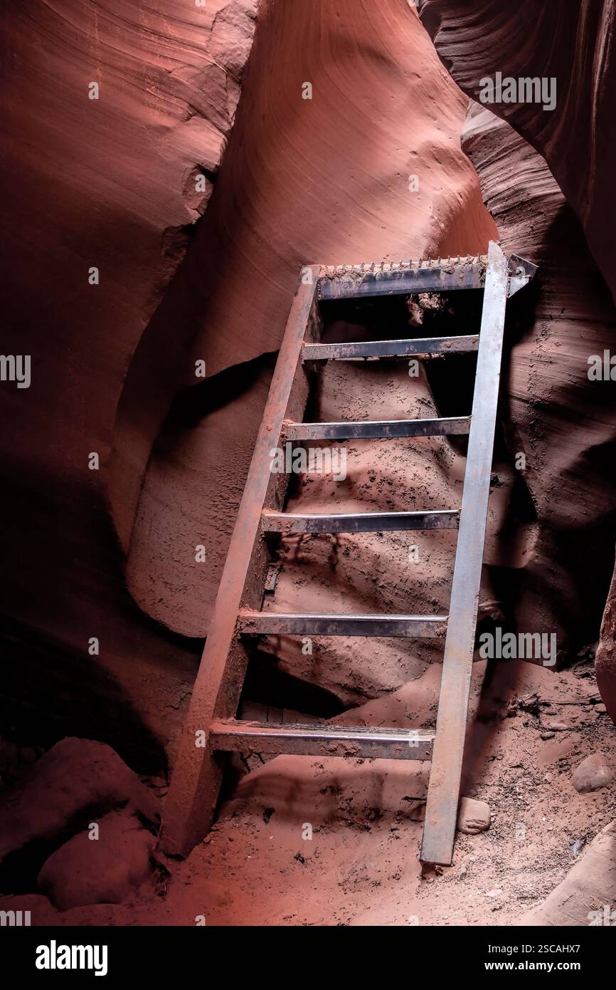 A ladder is leaning against a wall in a cave. The ladder is made of ...