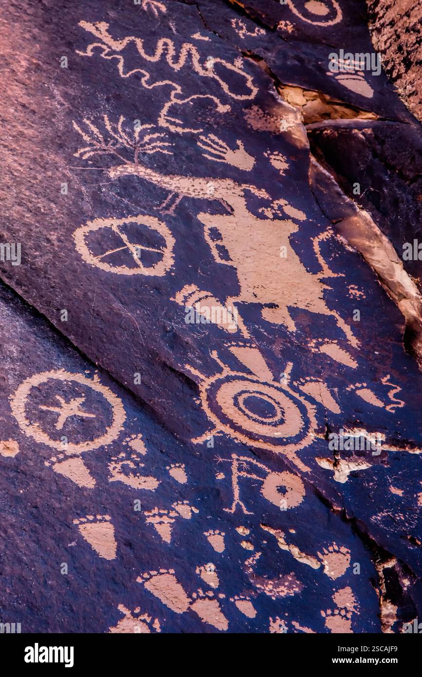A rock with drawings of animals and people on it. The drawings are in ...