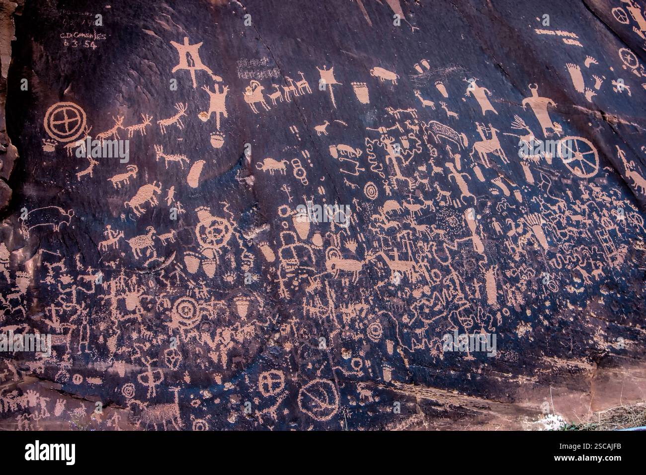 A rock with many drawings on it. Some of the drawings are of animals ...