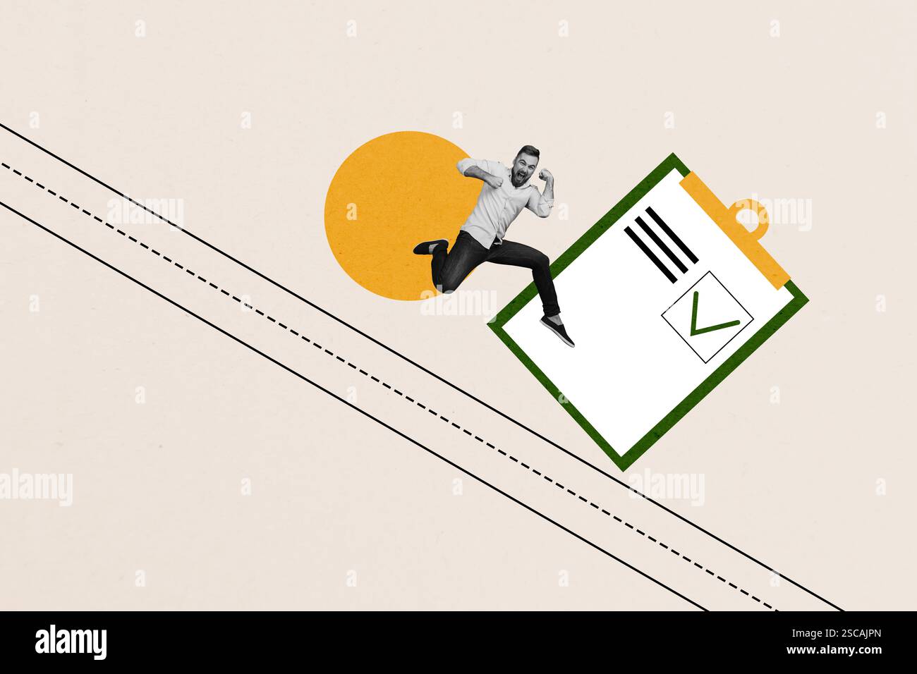 Exclusive art banner collage of happy businessman run clipboard ...