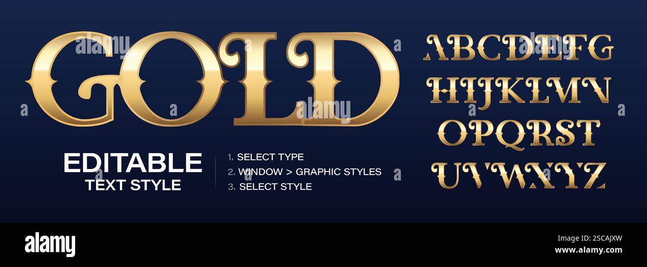 Golden alphabet and graphic style template, decorative letters and gold editable text effect ...