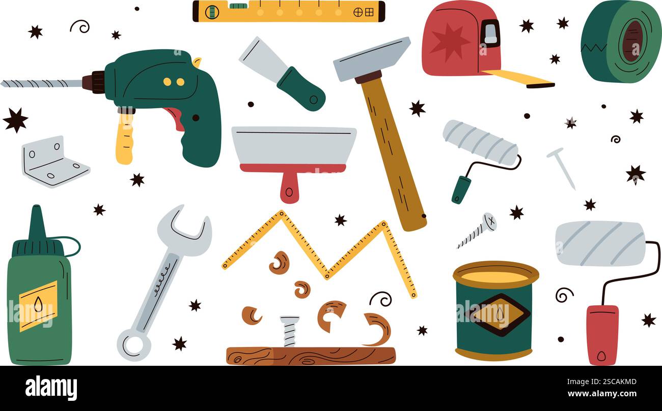 Repair tools. Carpentry instrument. Maintenance toolkit. Screwdriver ...