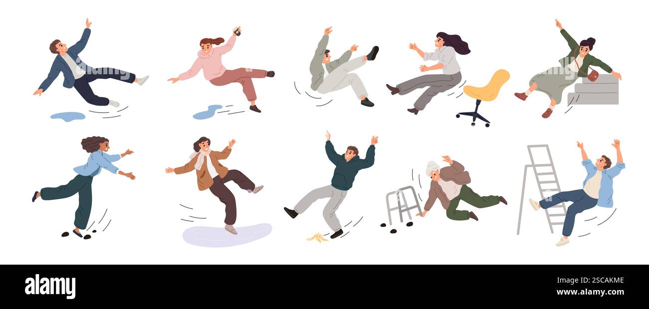 People who have lost their balance. Falling characters. Slipping ladder ...