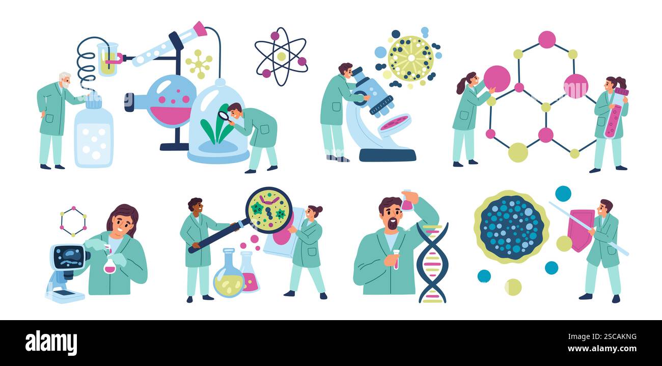 Scientists conducting laboratory tests. Chemist experiment. Biologists ...