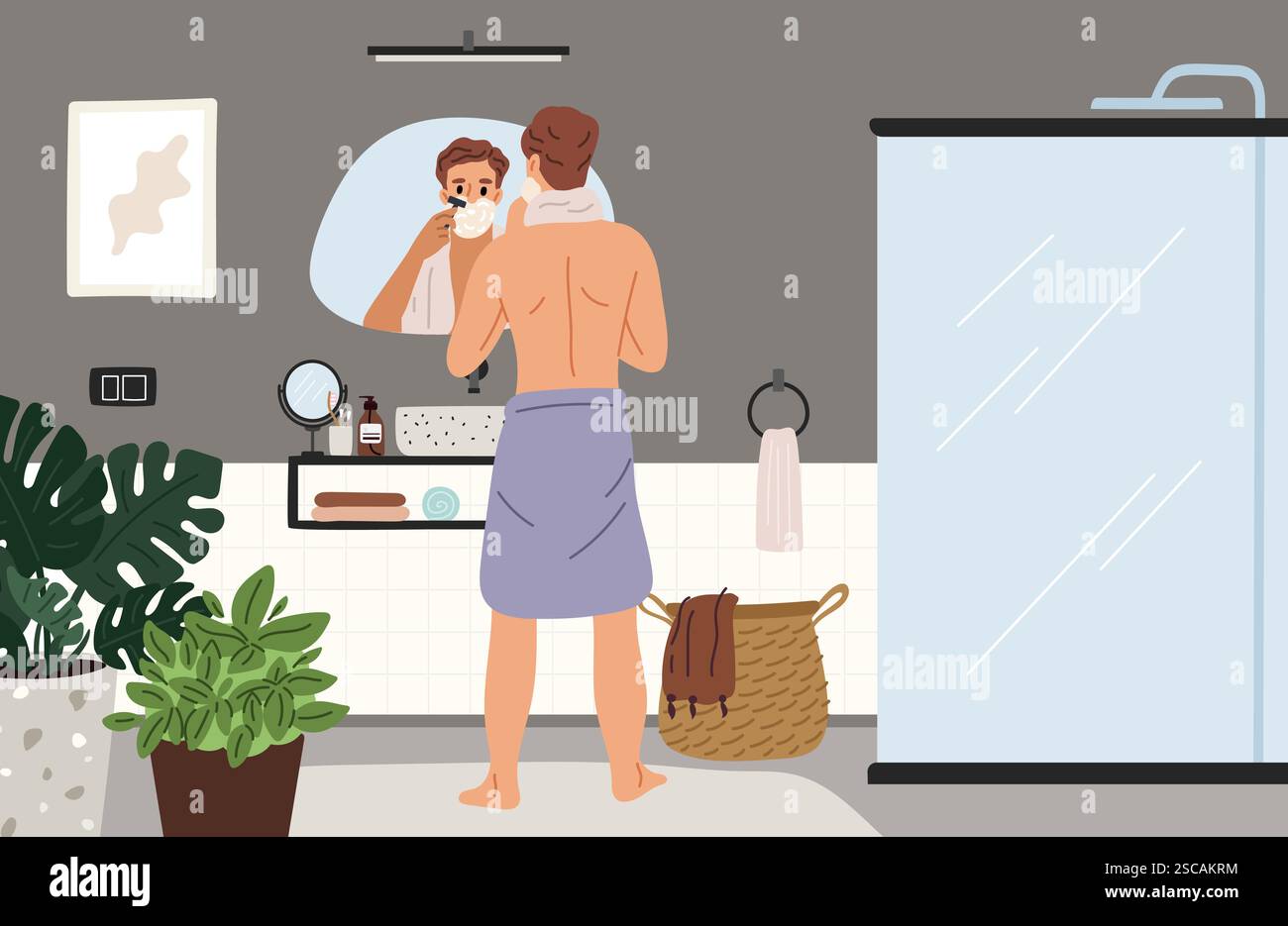 Man standing in bathroom and shaves. Guy looks in mirror. Male ...