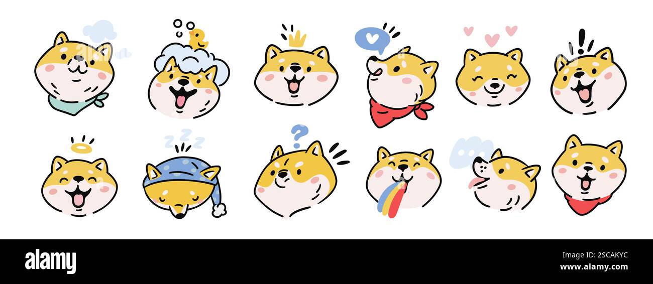 Funny Shiba Inu. Dog emoji. Cute puppy emoticons. Happy pet faces ...