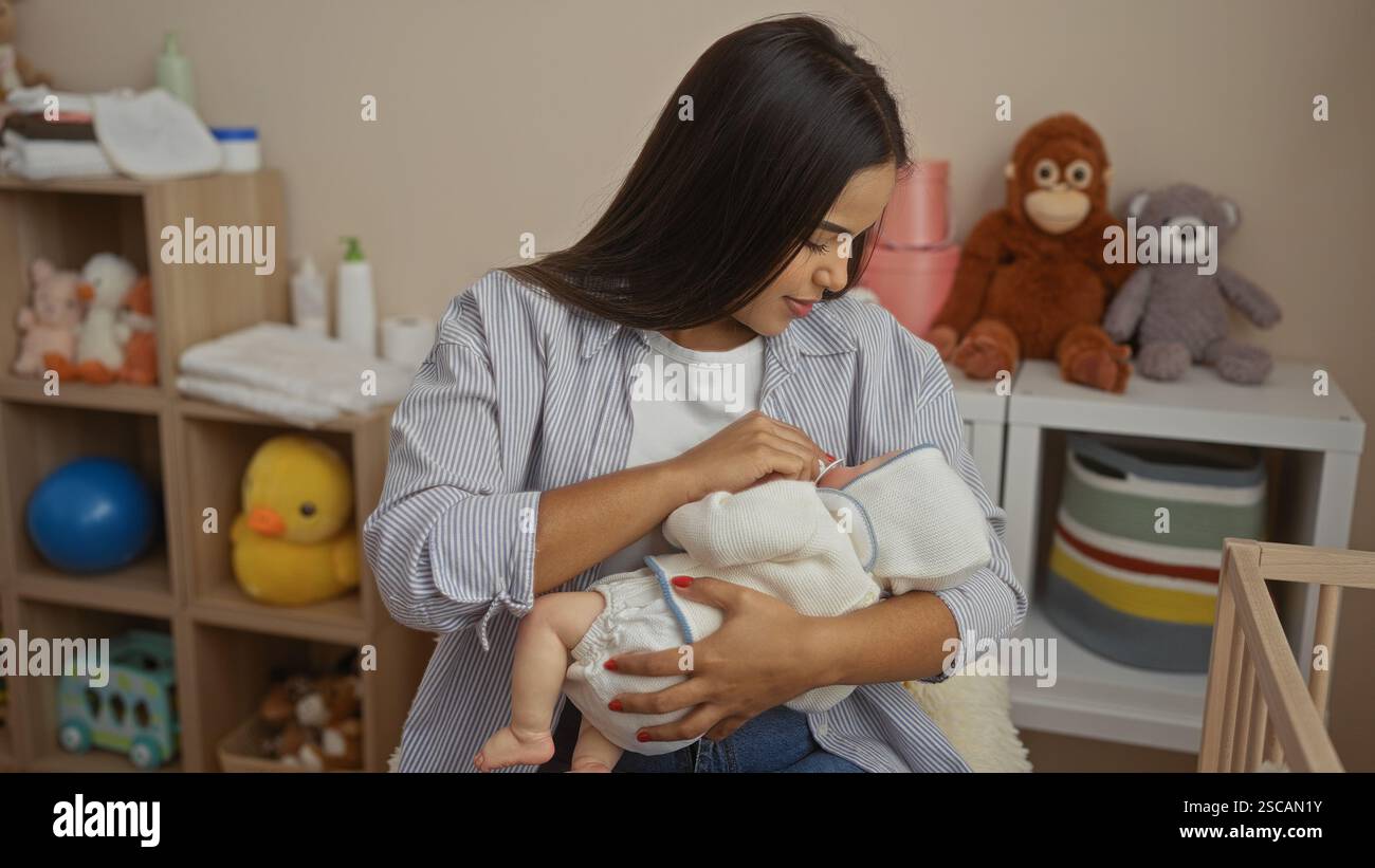 Woman cuddling baby in cozy bedroom surrounded by toys and soft ...