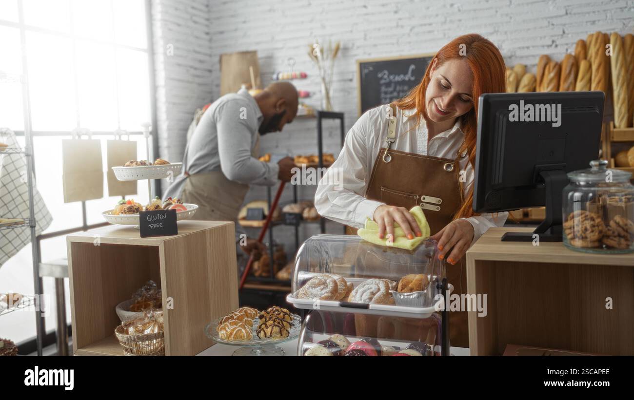 Woman cleaning bakery counter while man organizes shelves in bright ...