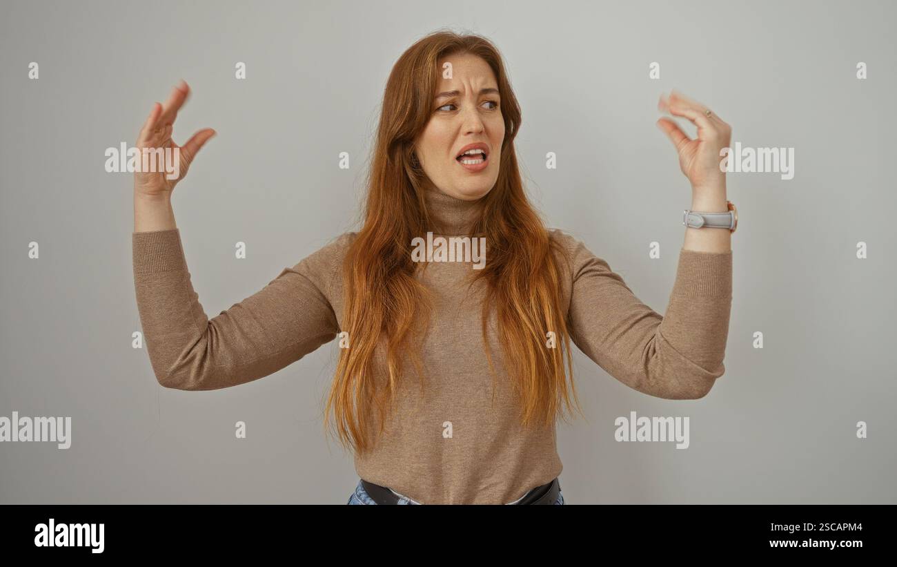 Woman expressing confusion or frustration with gestures, isolated ...