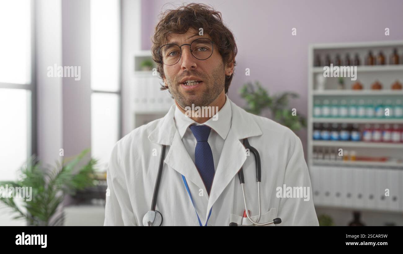 Doctor wearing stethoscope stands confidently in modern clinic room ...