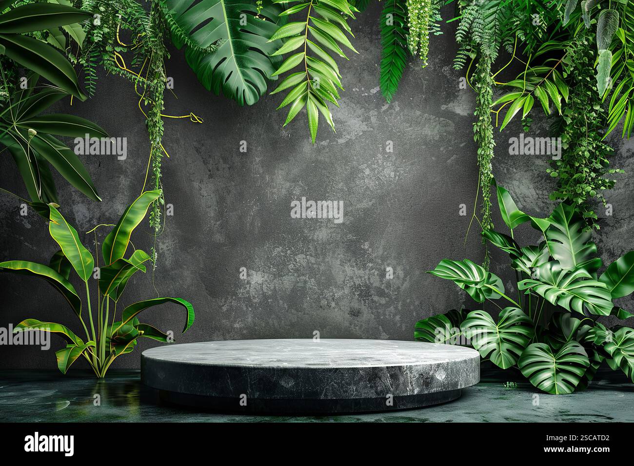 A large, round stone empty pedestal with a green plant growing out of ...