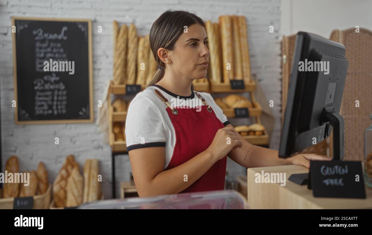 Young woman working at a bakery counter indoors, operating the register ...