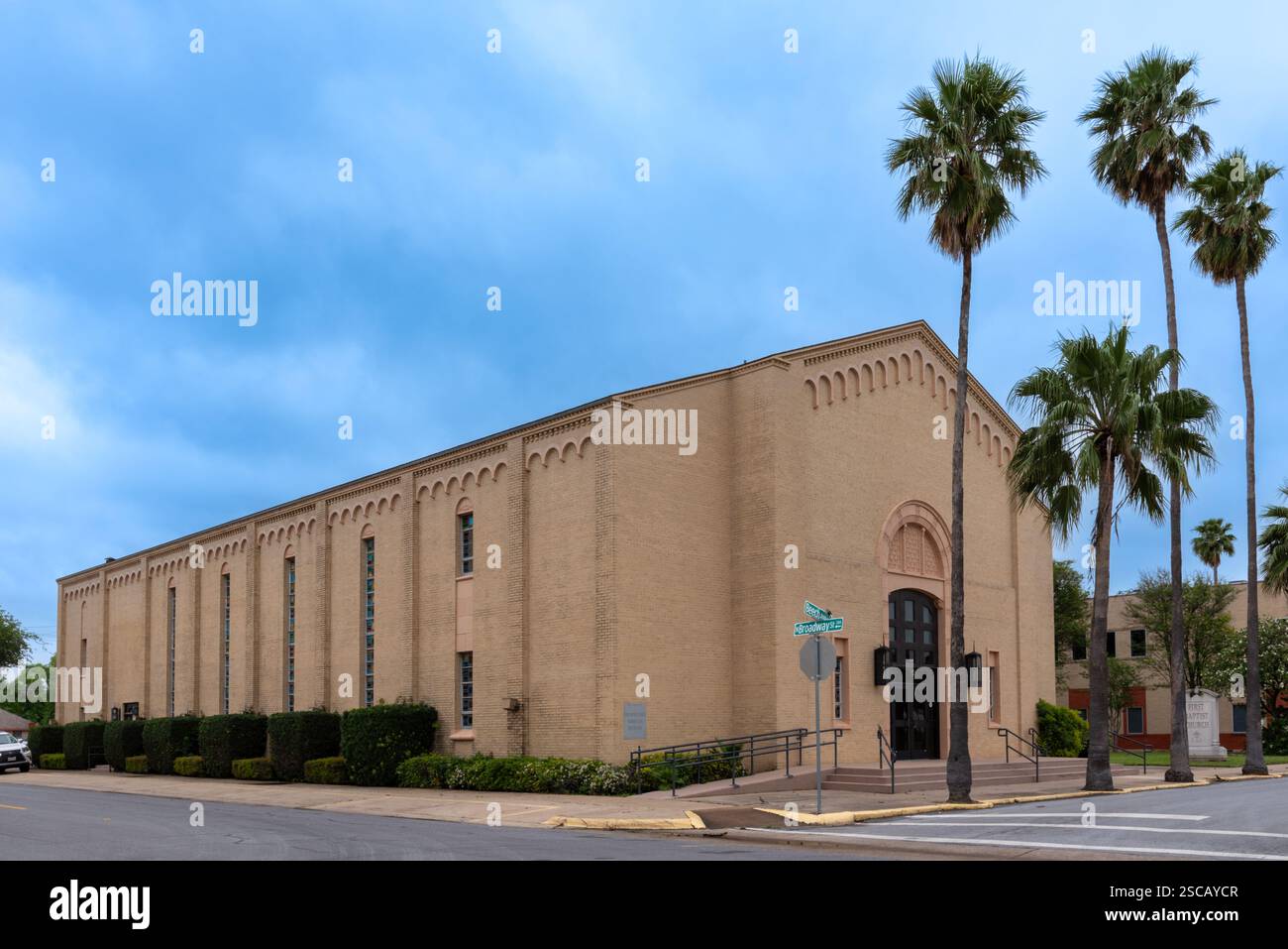 First Baptist Church, palm trees in front, blue skies, McAllen, Texas ...