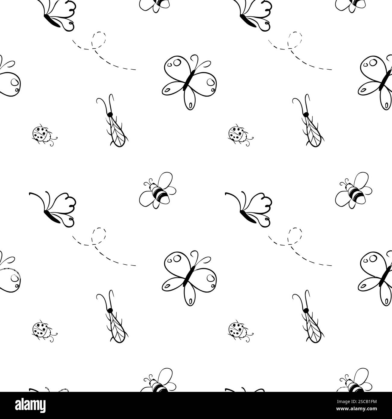 Seamless pattern of Doodle insects. Animal vector background with bee ...