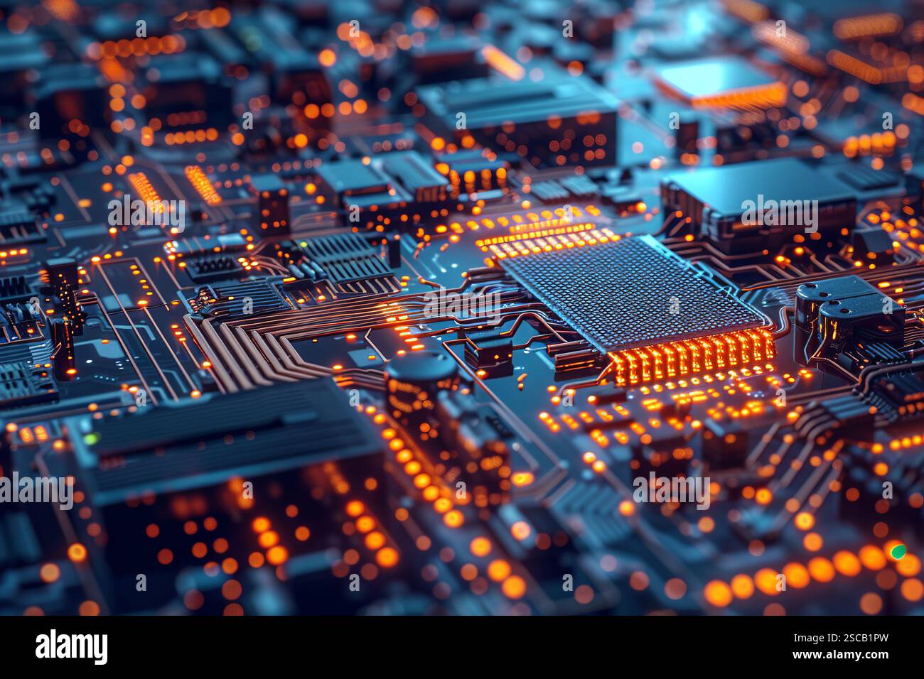 A computer chip with a blue square on it. The blue square is surrounded ...