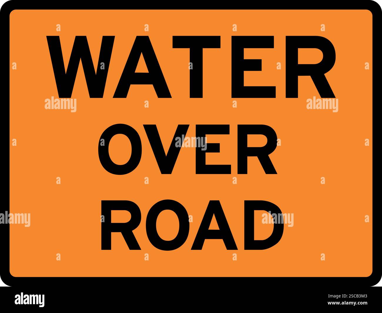 Water over road warning sign. Black on orange background. Safety signs ...