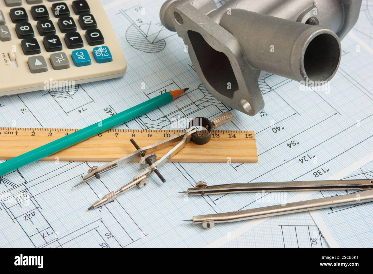 drawings of mechanisms with parts and tools Stock Photo - Alamy
