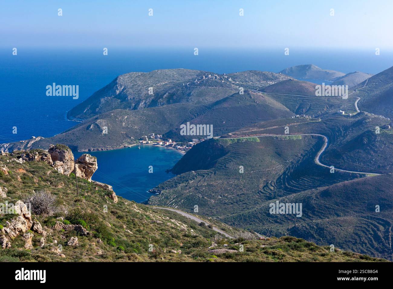 Aerial view of Porto Kagio, a secluded coastal village in Mani, Laconia ...