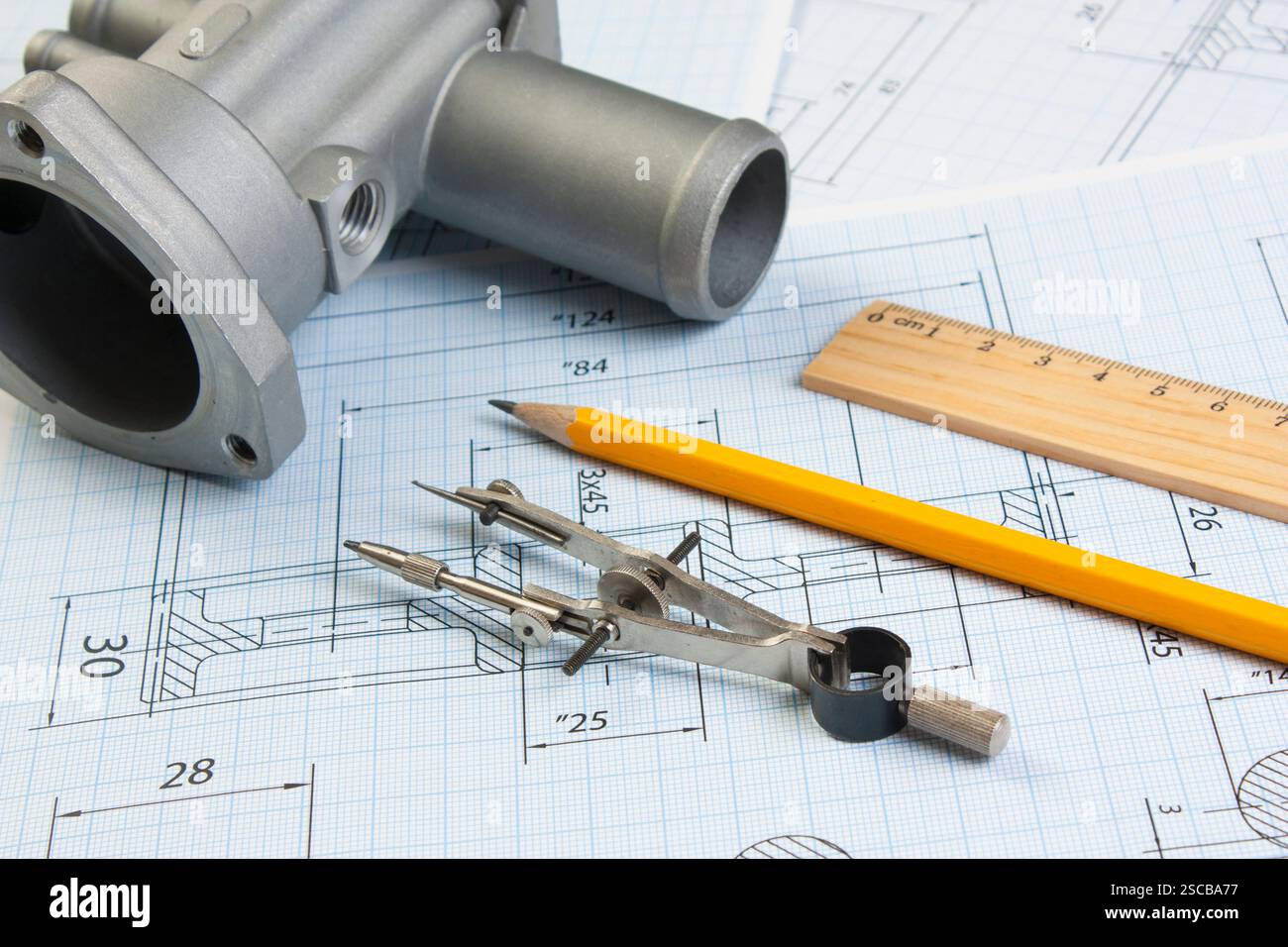 drawings of mechanisms with parts and tools Stock Photo - Alamy