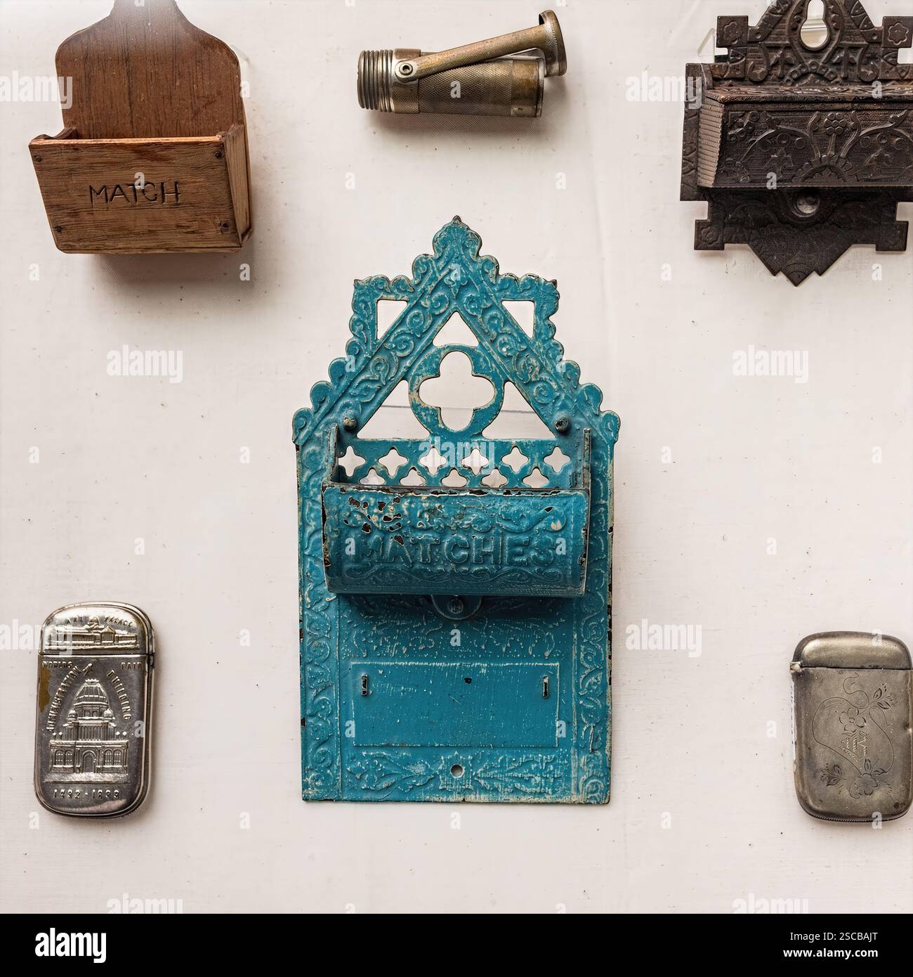 Antique Cast Iron Match Holder: Vibrant blue antique cast iron match ...