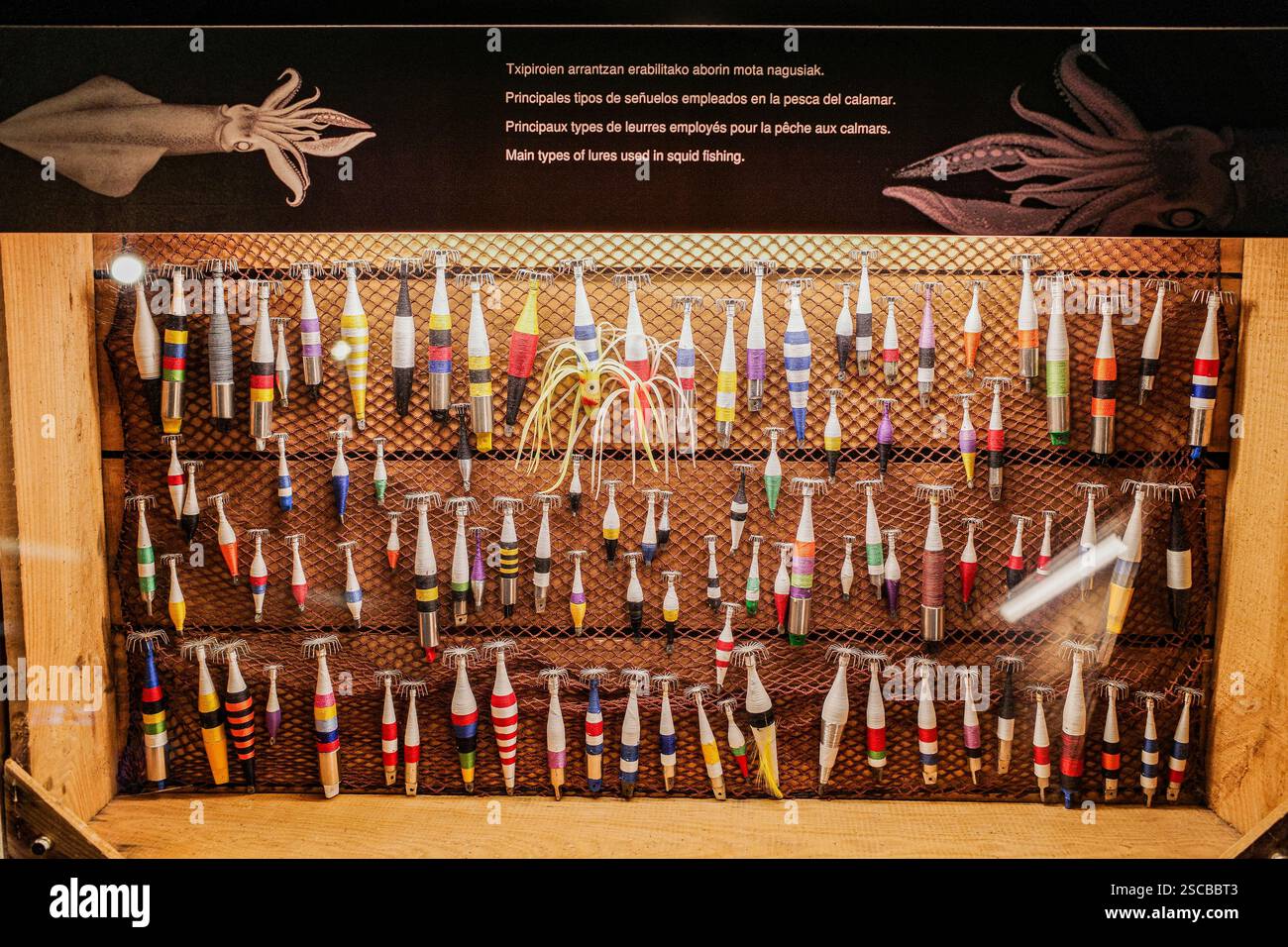 San Sebastian, Spain - 26 Jan, 2025: Octopus lures and hooks on display ...
