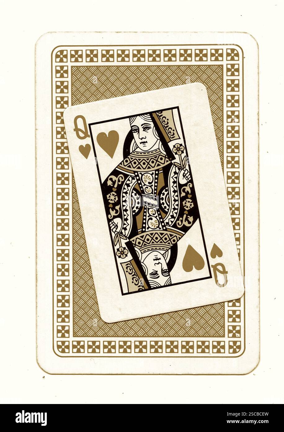 A vintage queen of hearts playing card in sepia on the reverse of ...